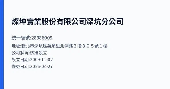 燦坤實業股份有限公司深坑分公司的照片-統編 28986009(新北市) 公司登記資料與營業項目詳細圖表