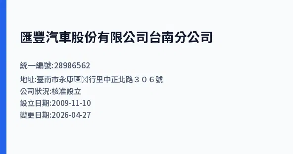 匯豐汽車股份有限公司台南分公司的照片-統編 28986562(臺南市) 公司登記資料與營業項目詳細圖表