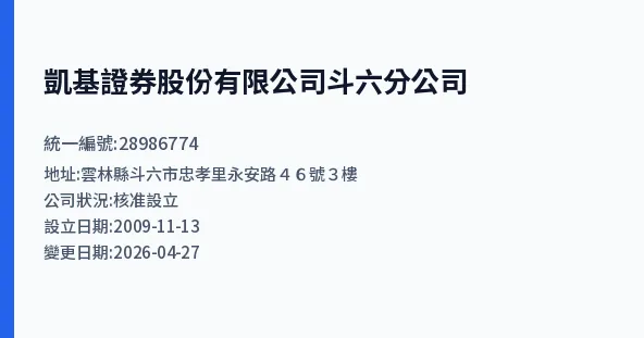 凱基證券股份有限公司斗六分公司的照片-統編 28986774(雲林縣) 公司登記資料與營業項目詳細圖表