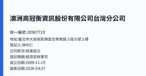 澳洲商冠衡資訊股份有限公司台灣分公司的照片-統編 28987719(臺北市) 公司登記資料與營業項目詳細圖表