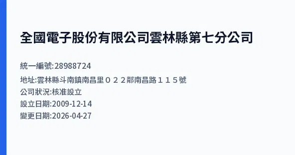 全國電子股份有限公司雲林縣第七分公司的照片-統編 28988724(雲林縣) 公司登記資料與營業項目詳細圖表