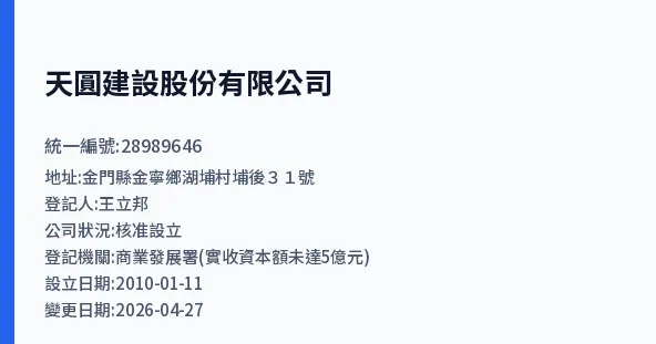 天圓建設股份有限公司的照片-統編 28989646(金門縣) 公司登記資料與營業項目詳細圖表
