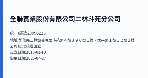 全聯實業股份有限公司二林斗苑分公司的照片-統編 28990215(彰化縣) 公司登記資料與營業項目詳細圖表