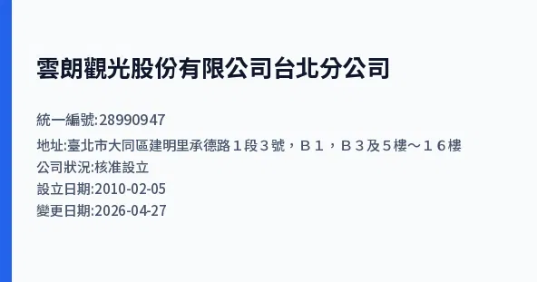 雲朗觀光股份有限公司台北分公司的照片-統編 28990947(臺北市) 公司登記資料與營業項目詳細圖表
