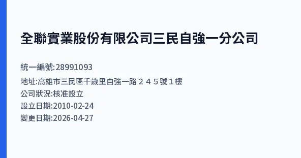 全聯實業股份有限公司三民自強一分公司的照片-統編 28991093(高雄市) 公司登記資料與營業項目詳細圖表