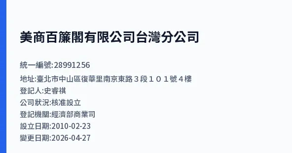美商百簾閣有限公司台灣分公司的照片-統編 28991256(臺北市) 公司登記資料與營業項目詳細圖表