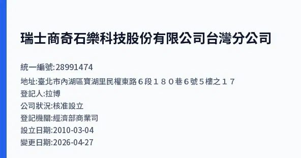 瑞士商奇石樂科技股份有限公司台灣分公司的照片-統編 28991474(臺北市) 公司登記資料與營業項目詳細圖表