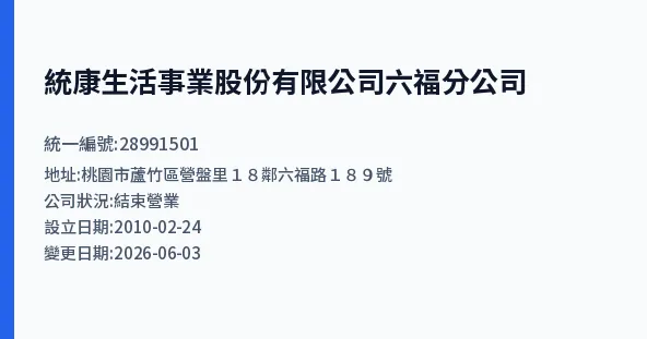 統康生活事業股份有限公司六福分公司的照片-統編 28991501(桃園市) 公司登記資料與營業項目詳細圖表