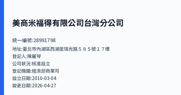 美商米福得有限公司台灣分公司的照片-統編 28991798(臺北市) 公司登記資料與營業項目詳細圖表