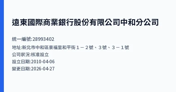 遠東國際商業銀行股份有限公司中和分公司的照片-統編 28993402(新北市) 公司登記資料與營業項目詳細圖表