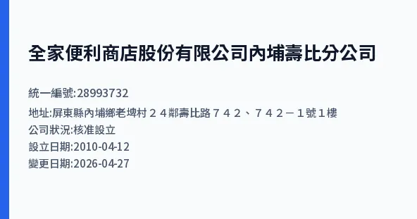 全家便利商店股份有限公司內埔壽比分公司的照片-統編 28993732(屏東縣) 公司登記資料與營業項目詳細圖表