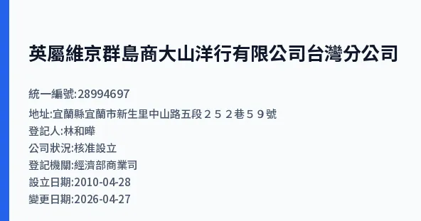 英屬維京群島商大山洋行有限公司台灣分公司的照片-統編 28994697(宜蘭縣) 公司登記資料與營業項目詳細圖表