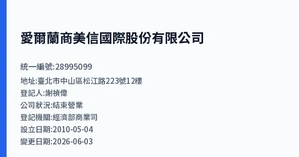 愛爾蘭商美信國際股份有限公司的照片-統編 28995099(臺北市) 公司登記資料與營業項目詳細圖表