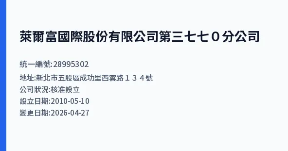 萊爾富國際股份有限公司第三七七0分公司的照片-統編 28995302(新北市) 公司登記資料與營業項目詳細圖表