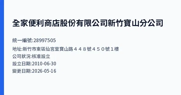 全家便利商店股份有限公司新竹寶山分公司的照片-統編 28997505(新竹市) 公司登記資料與營業項目詳細圖表