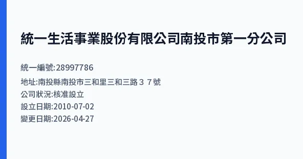 統一生活事業股份有限公司南投市第一分公司的照片-統編 28997786(南投縣) 公司登記資料與營業項目詳細圖表