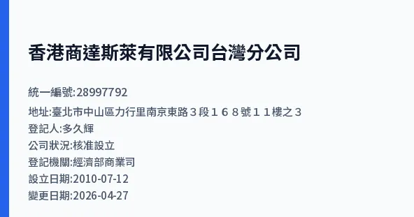 香港商達斯萊有限公司台灣分公司的照片-統編 28997792(臺北市) 公司登記資料與營業項目詳細圖表