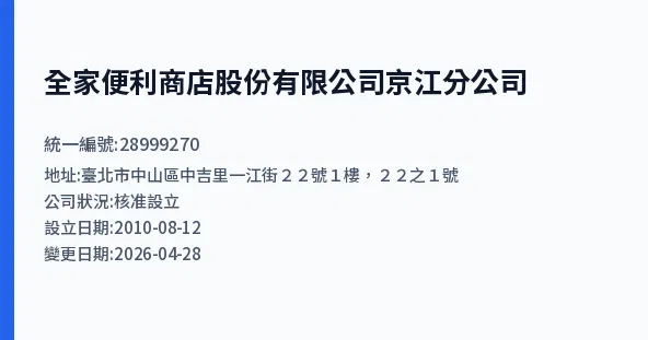 全家便利商店股份有限公司京江分公司的照片-統編 28999270(臺北市) 公司登記資料與營業項目詳細圖表