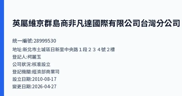 英屬維京群島商非凡達國際有限公司台灣分公司的照片-統編 28999530(新北市) 公司登記資料與營業項目詳細圖表