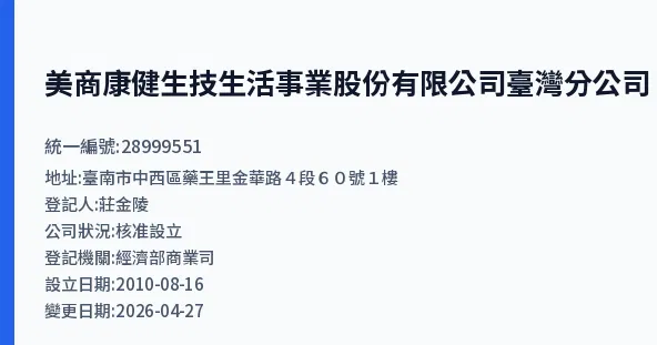 美商康健生技生活事業股份有限公司臺灣分公司的照片-統編 28999551(臺南市) 公司登記資料與營業項目詳細圖表