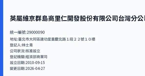 英屬維京群島商里仁開發股份有限公司台灣分公司的照片-統編 29000090(臺北市) 公司登記資料與營業項目詳細圖表
