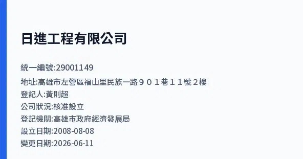 日進工程有限公司的照片-統編 29001149(高雄市) 公司登記資料與營業項目詳細圖表