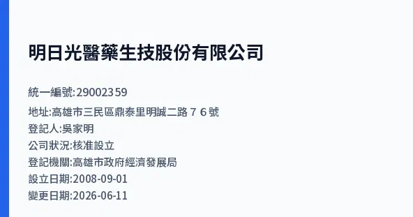 明日光醫藥生技股份有限公司的照片-統編 29002359(高雄市) 公司登記資料與營業項目詳細圖表