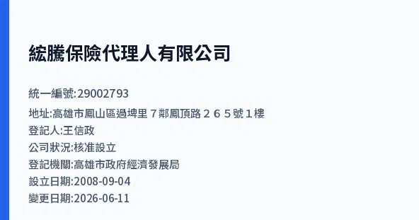 綋騰保險代理人有限公司的照片-統編 29002793(高雄市) 公司登記資料與營業項目詳細圖表