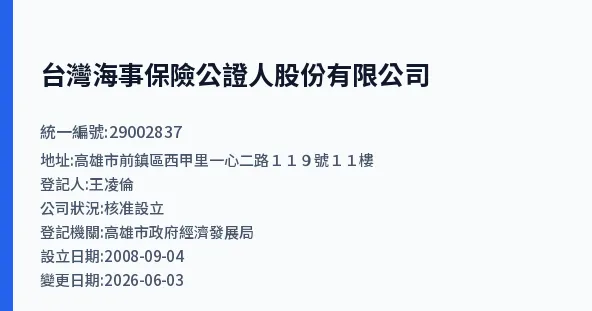台灣海事保險公證人股份有限公司的照片-統編 29002837(高雄市) 公司登記資料與營業項目詳細圖表