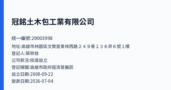 冠銘土木包工業有限公司的照片-統編 29003998(高雄市) 公司登記資料與營業項目詳細圖表