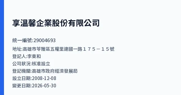 享溫馨企業股份有限公司的照片-統編 29004693(高雄市) 公司登記資料與營業項目詳細圖表