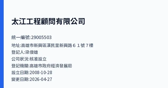 太江工程顧問有限公司的照片-統編 29005503(高雄市) 公司登記資料與營業項目詳細圖表
