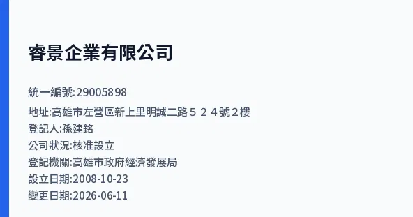 睿景企業有限公司的照片-統編 29005898(高雄市) 公司登記資料與營業項目詳細圖表