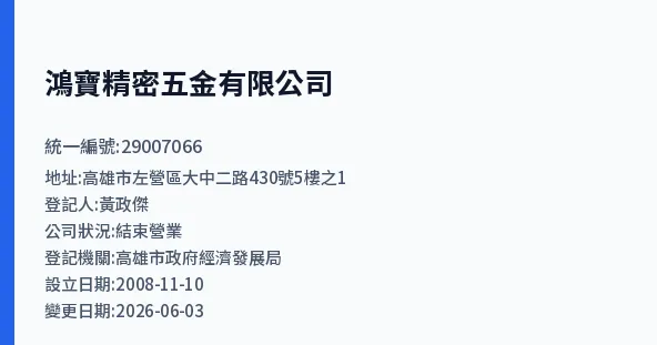 鴻寶精密五金有限公司的照片-統編 29007066(高雄市) 公司登記資料與營業項目詳細圖表