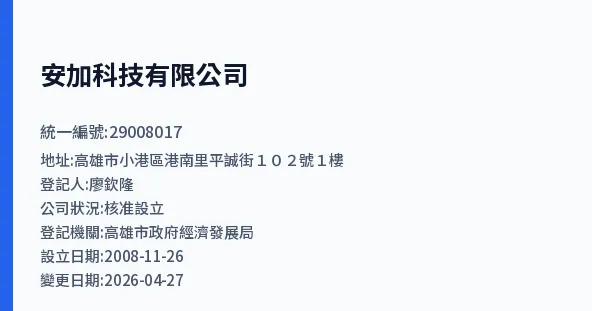 安加科技有限公司的照片-統編 29008017(高雄市) 公司登記資料與營業項目詳細圖表