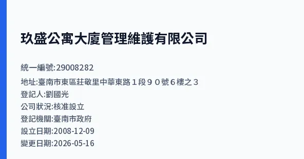 玖盛公寓大廈管理維護有限公司的照片-統編 29008282(臺南市) 公司登記資料與營業項目詳細圖表
