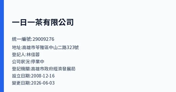 一日一茶有限公司的照片-統編 29009276(高雄市) 公司登記資料與營業項目詳細圖表