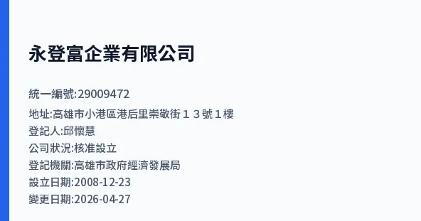 永登富企業有限公司的照片-統編 29009472(高雄市) 公司登記資料與營業項目詳細圖表