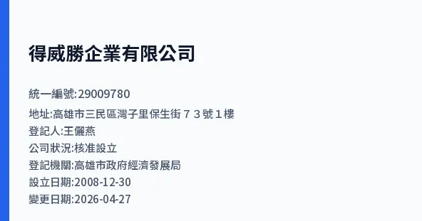 得威勝企業有限公司的照片-統編 29009780(高雄市) 公司登記資料與營業項目詳細圖表