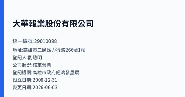 大華報業股份有限公司的照片-統編 29010098(高雄市) 公司登記資料與營業項目詳細圖表