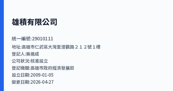 雄積有限公司的照片-統編 29010111(高雄市) 公司登記資料與營業項目詳細圖表