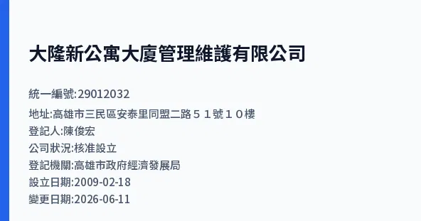 大隆新公寓大廈管理維護有限公司的照片-統編 29012032(高雄市) 公司登記資料與營業項目詳細圖表