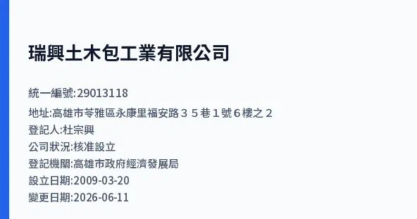 瑞興土木包工業有限公司的照片-統編 29013118(高雄市) 公司登記資料與營業項目詳細圖表