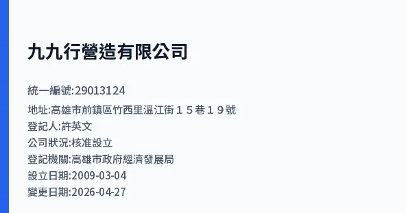 九九行營造有限公司的照片-統編 29013124(高雄市) 公司登記資料與營業項目詳細圖表