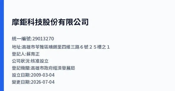 摩鉅科技股份有限公司的照片-統編 29013270(高雄市) 公司登記資料與營業項目詳細圖表