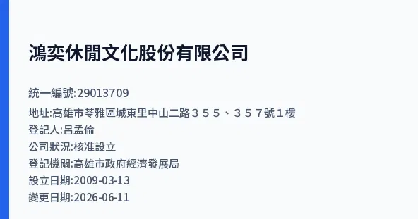 鴻奕休閒文化股份有限公司的照片-統編 29013709(高雄市) 公司登記資料與營業項目詳細圖表