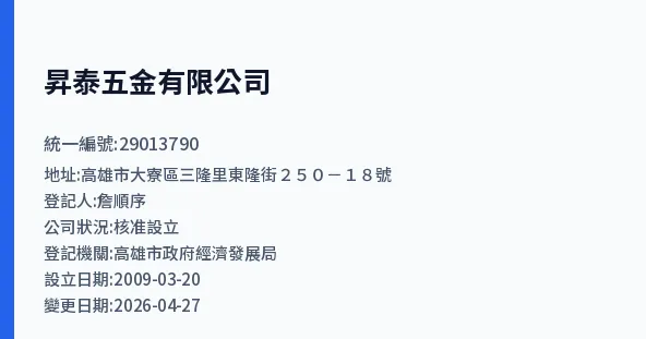 昇泰五金有限公司的照片-統編 29013790(高雄市) 公司登記資料與營業項目詳細圖表