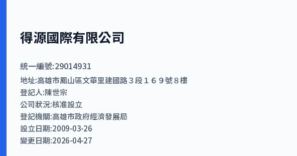 得源國際有限公司的照片-統編 29014931(高雄市) 公司登記資料與營業項目詳細圖表