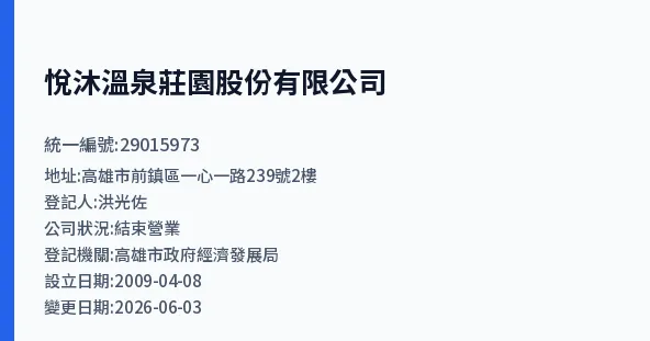 悅沐溫泉莊園股份有限公司的照片-統編 29015973(高雄市) 公司登記資料與營業項目詳細圖表