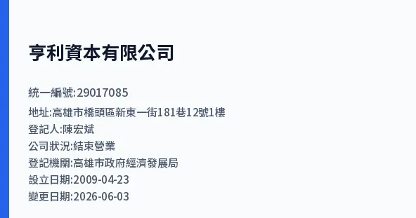 亨利資本有限公司的照片-統編 29017085(高雄市) 公司登記資料與營業項目詳細圖表